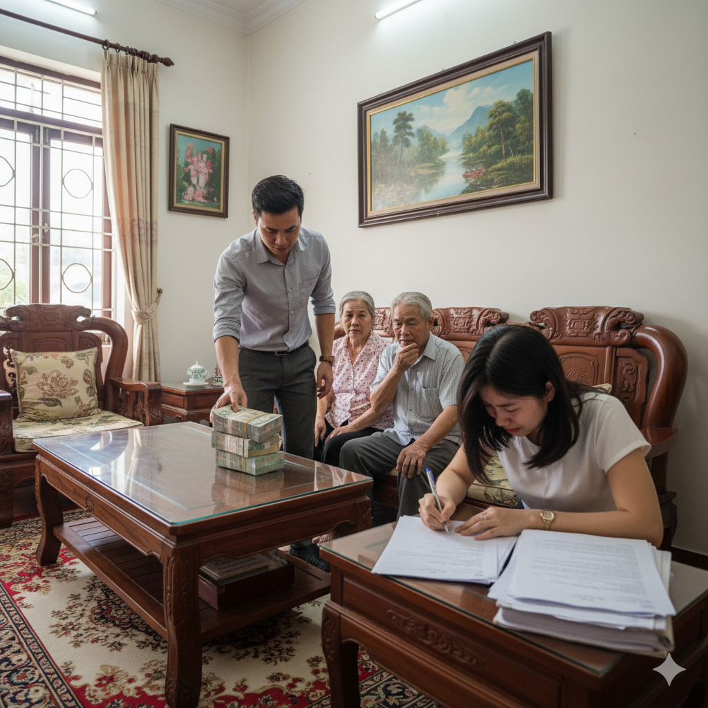 Hai mảnh thổ cư, một cho thằng cả, một cho con gái út. Nhưng nghĩ lại ...